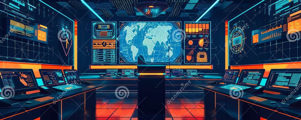 Futuristic Control Room with Central Podium and Vibrant Interface ...