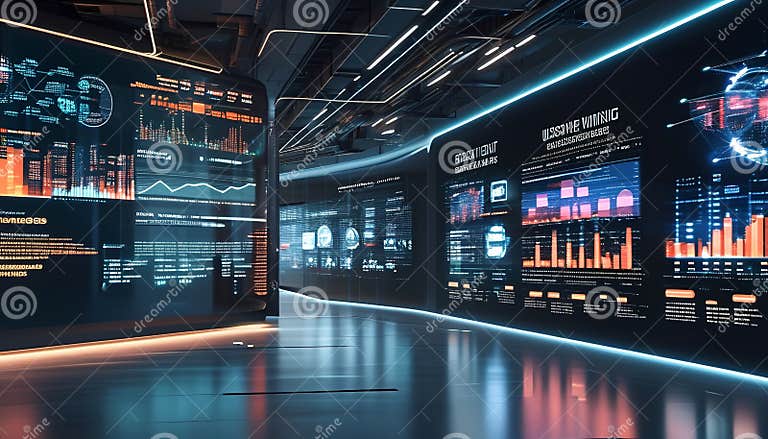 A Futuristic Control Room or Data Center with Multiple Large ...