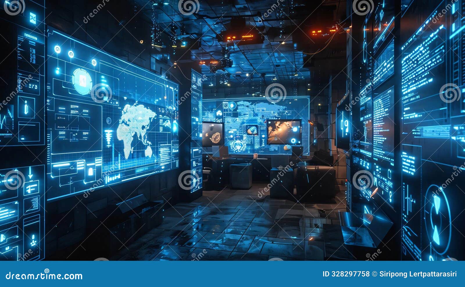 Futuristic Control Room with Glowing Screens Displaying Data and Maps ...