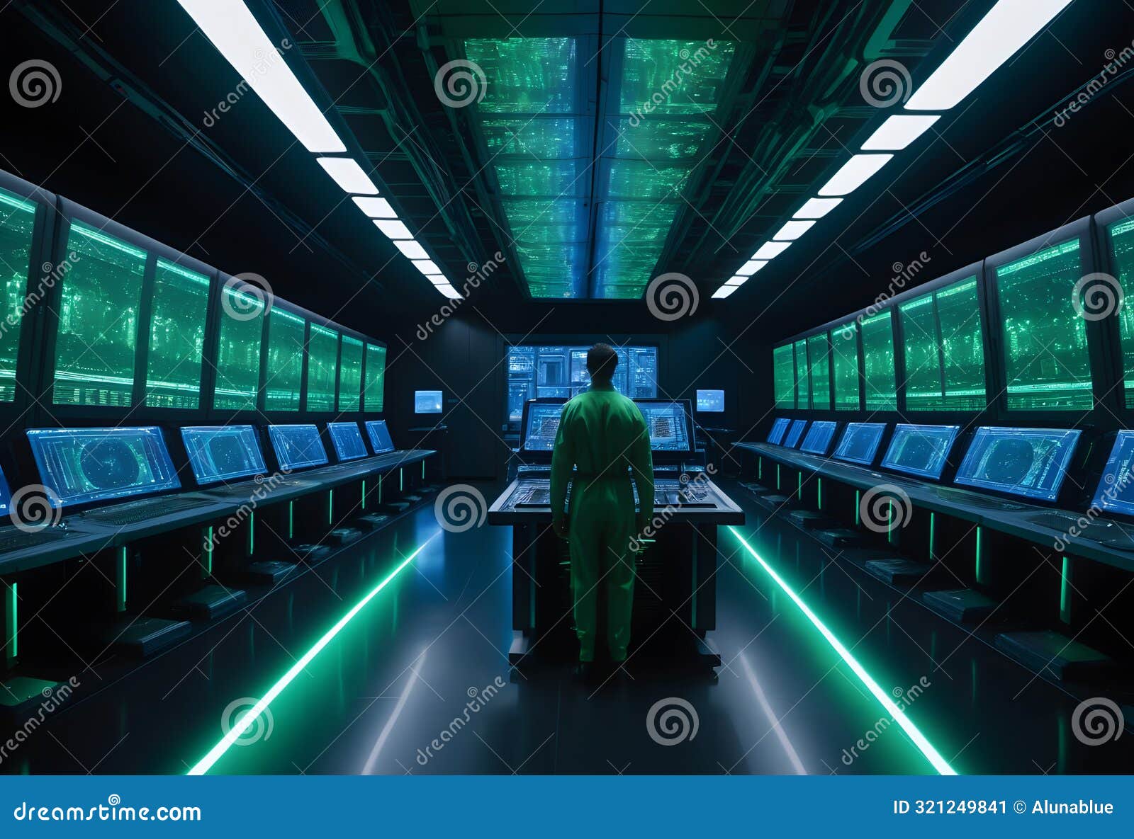 Futuristic High-Tech Control Room with Data Screens and Green Holograms ... Futuristic High-Tech Control Room with Data Screens and Green Holograms ...