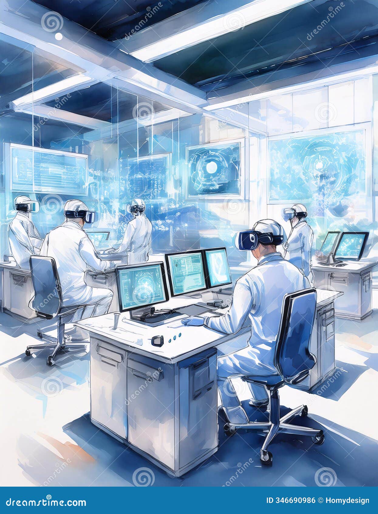 A Futuristic Control Room with a Human Operator and Several Robot ...