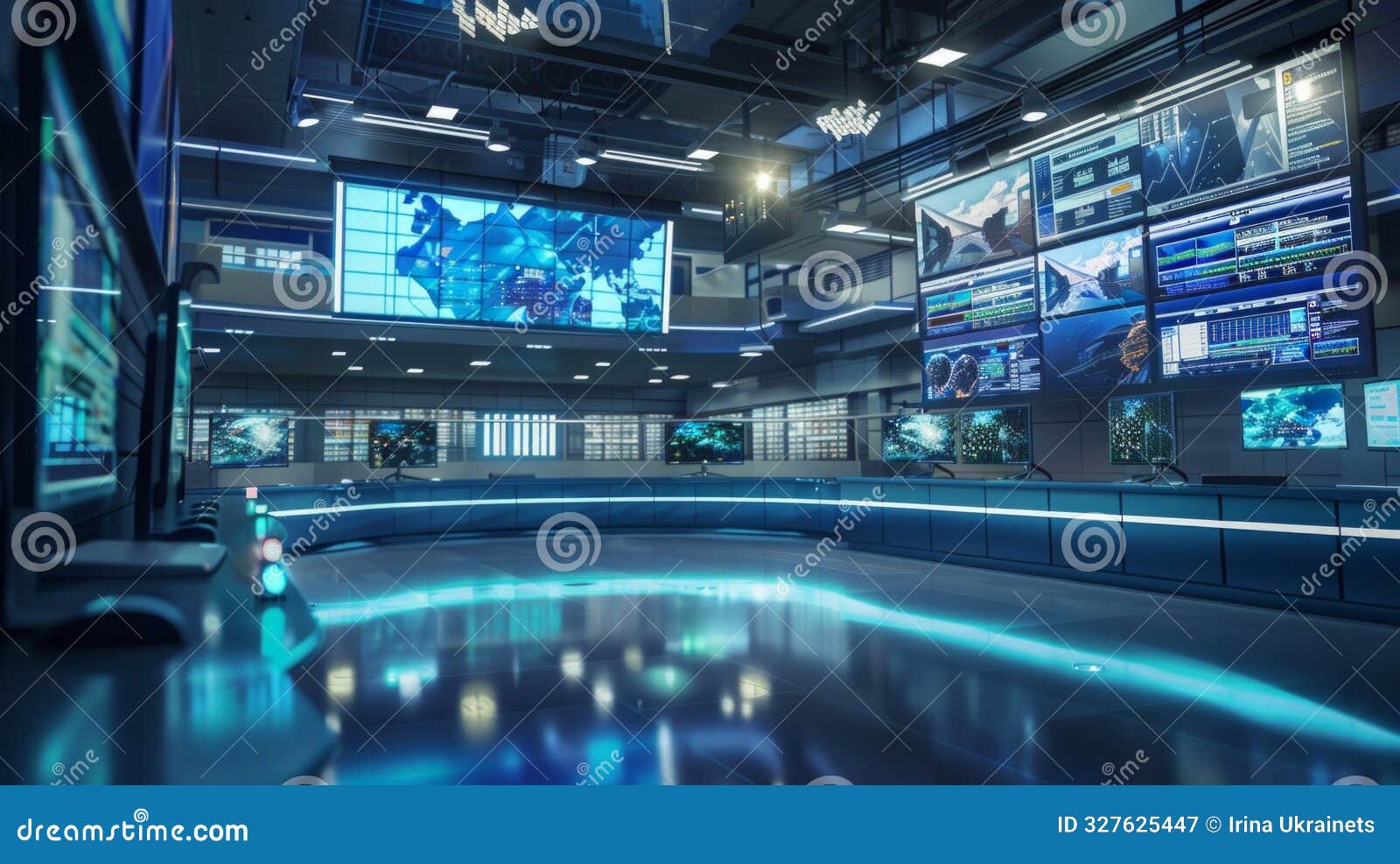 Futuristic Control Room with Large Screens and Data Displays. Modern ...