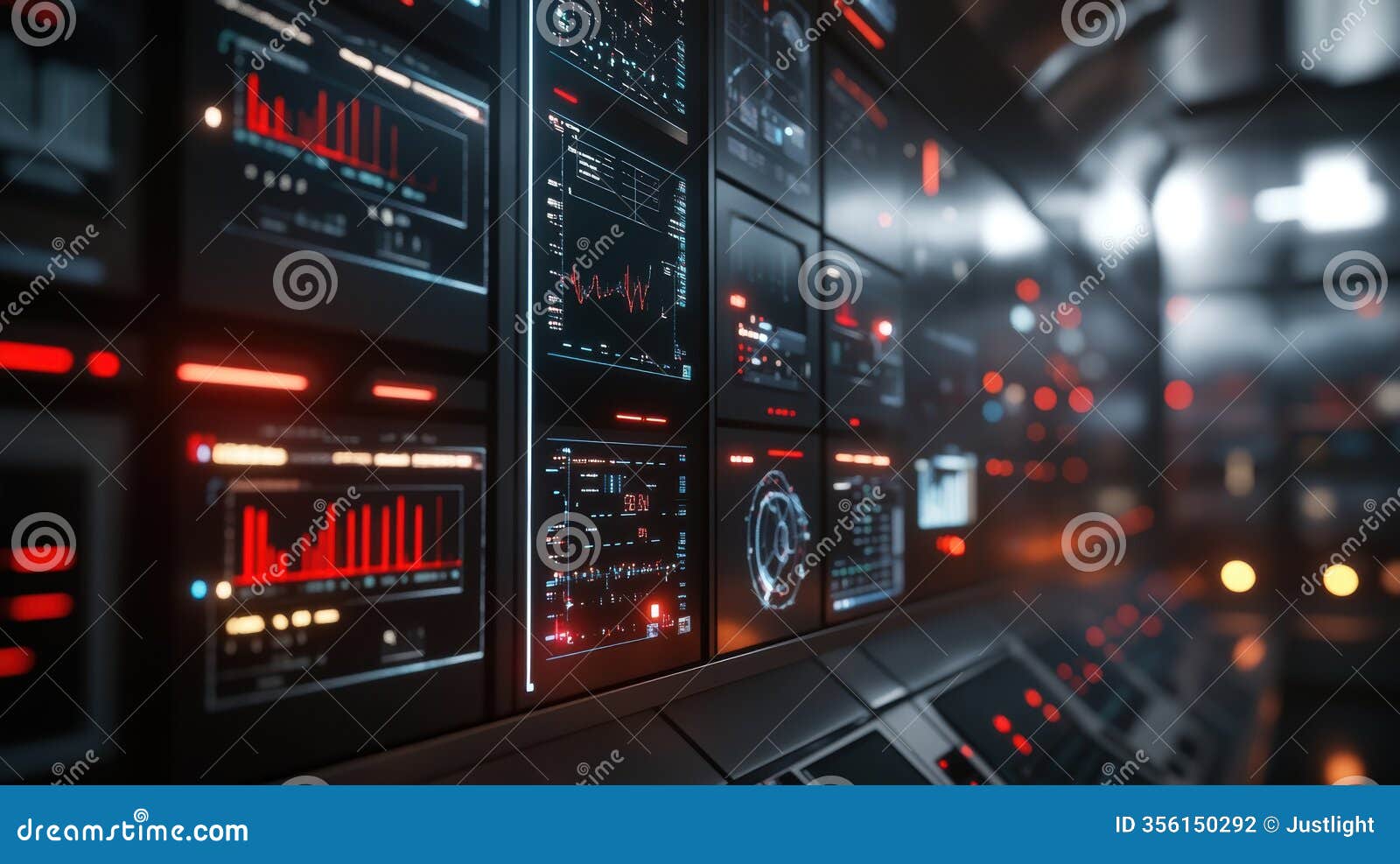 Futuristic Control Room Monitoring Showing Charts and Graphs on Multiple Screens Stock Photo ...