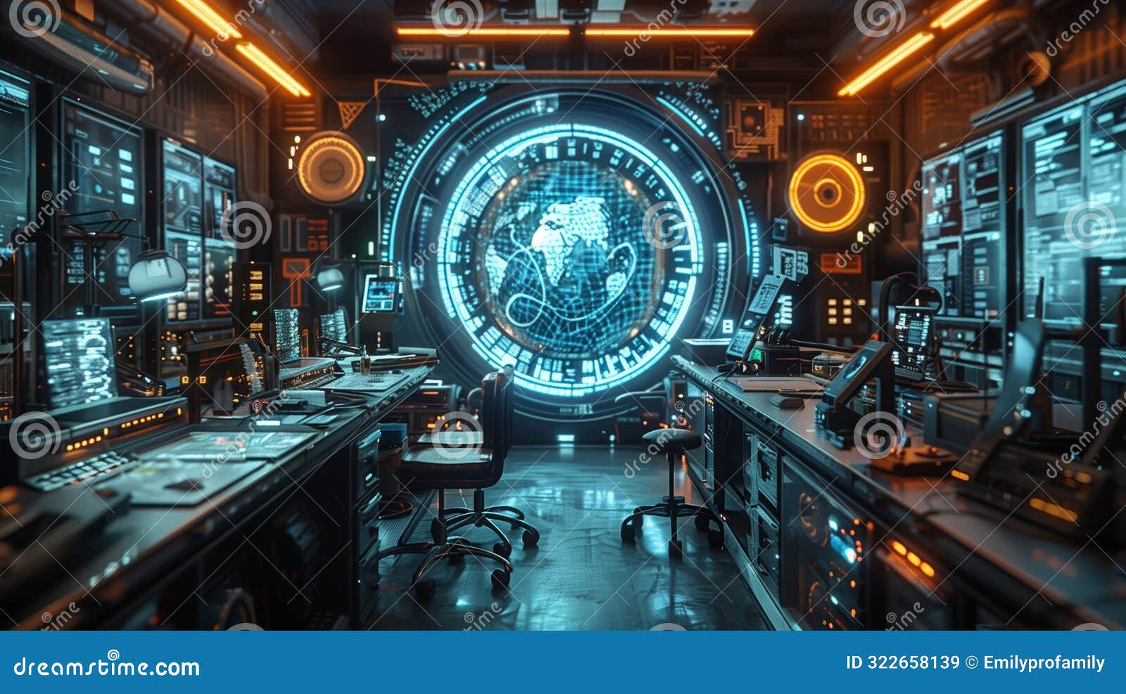 Futuristic Control Room with Global Network Display Stock Image - Image ...