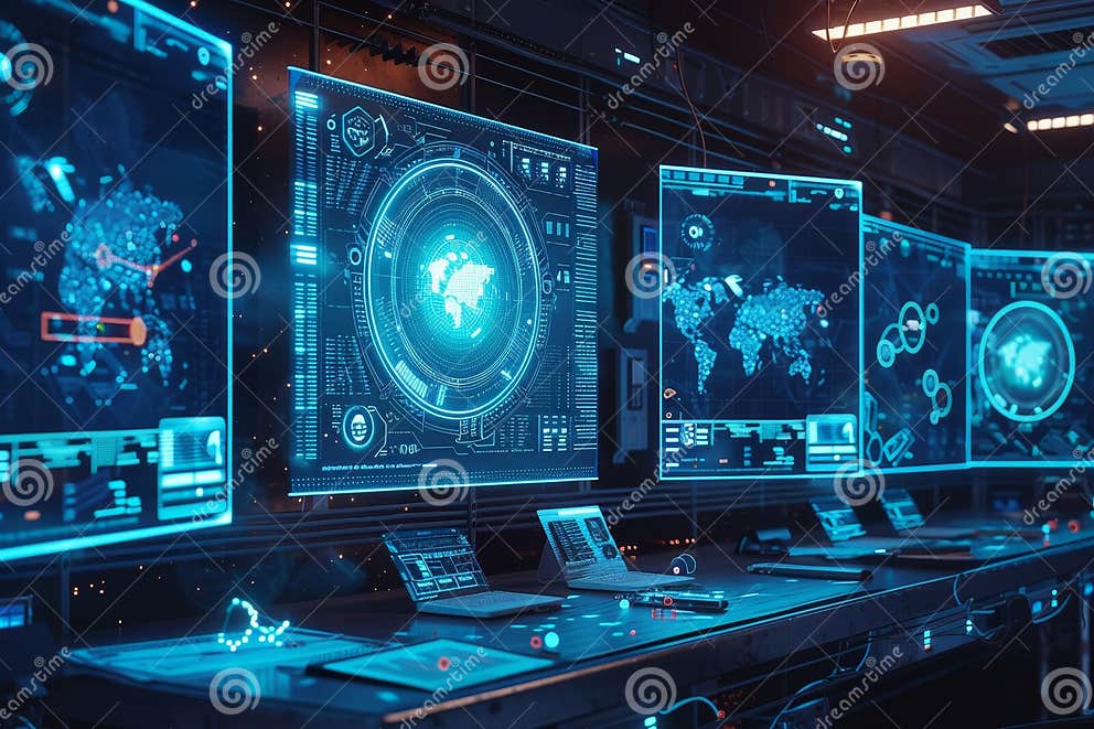 A Futuristic Control Room with Multiple Monitors Displaying Data, Maps ...