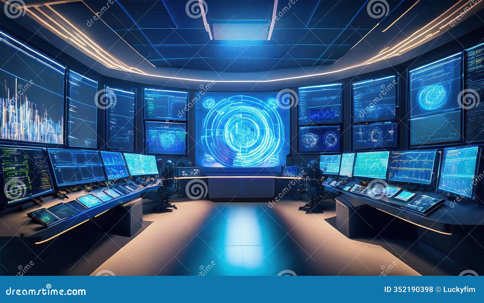 Futuristic Control Room with Multiple Screens Displaying Data Visualizations and Predictive ...