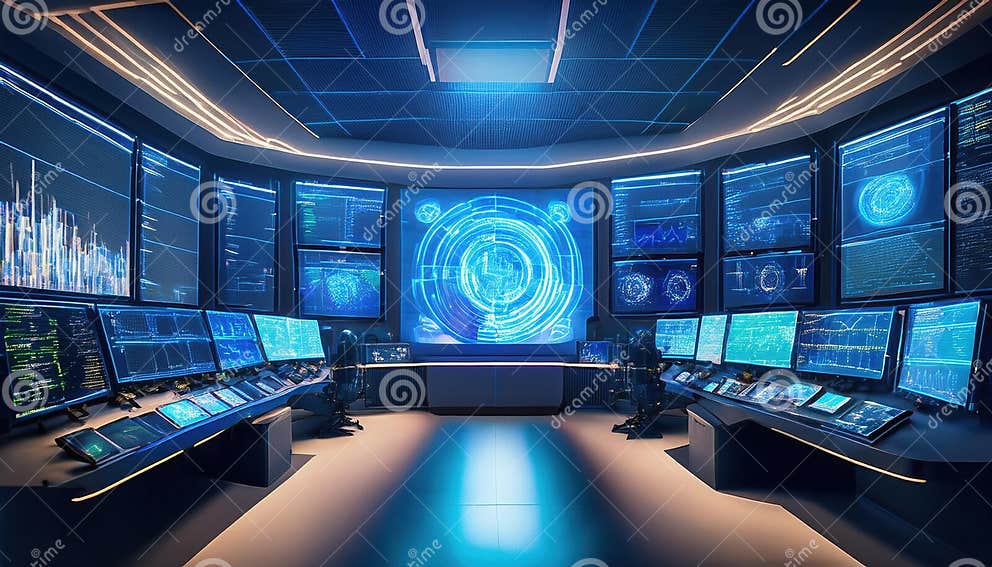 Futuristic Control Room with Multiple Screens Displaying Data ...