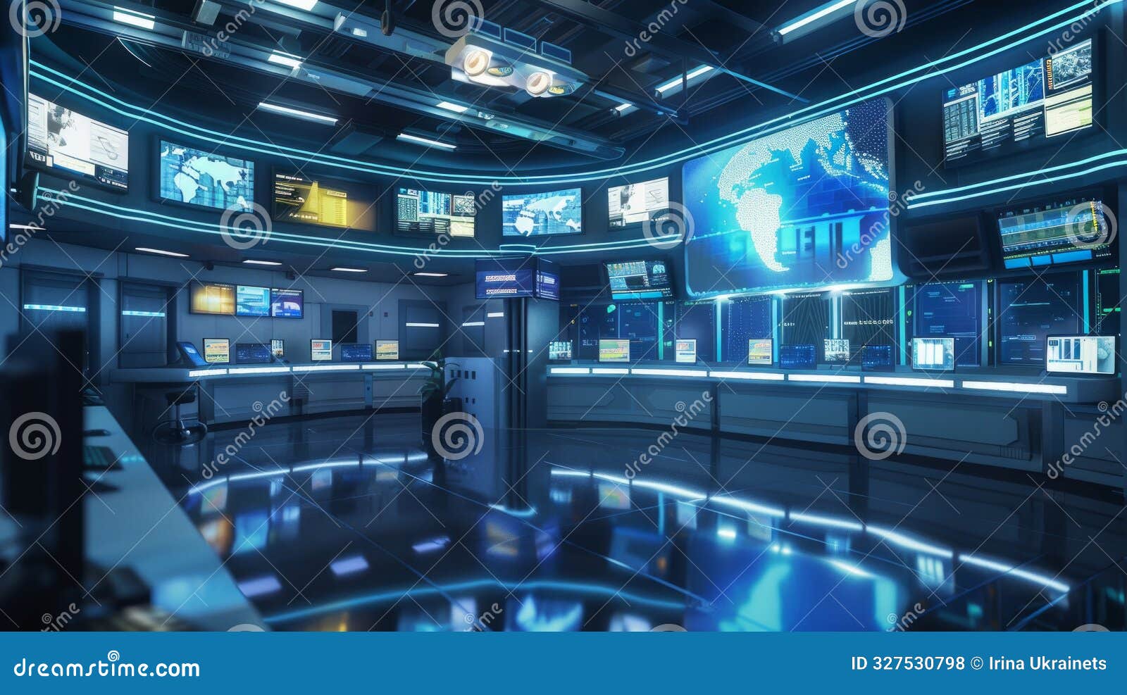 Futuristic Control Room with Multiple Screens and a Large World Map ...