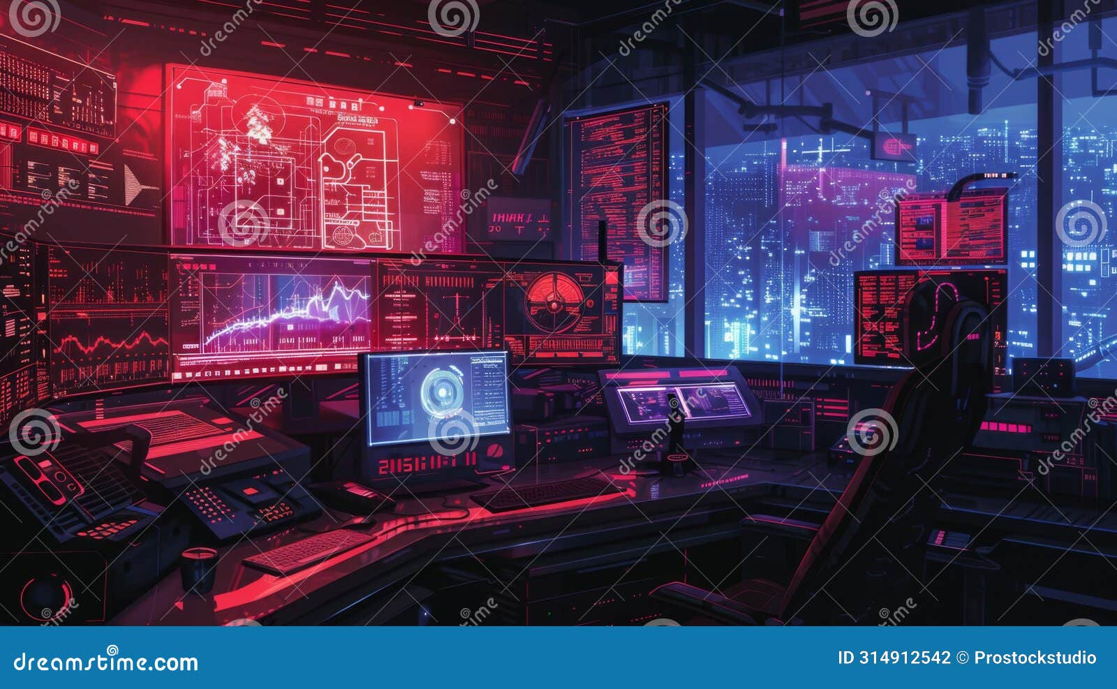 Futuristic Control Room at Night Stock Photo - Image of workstation ...