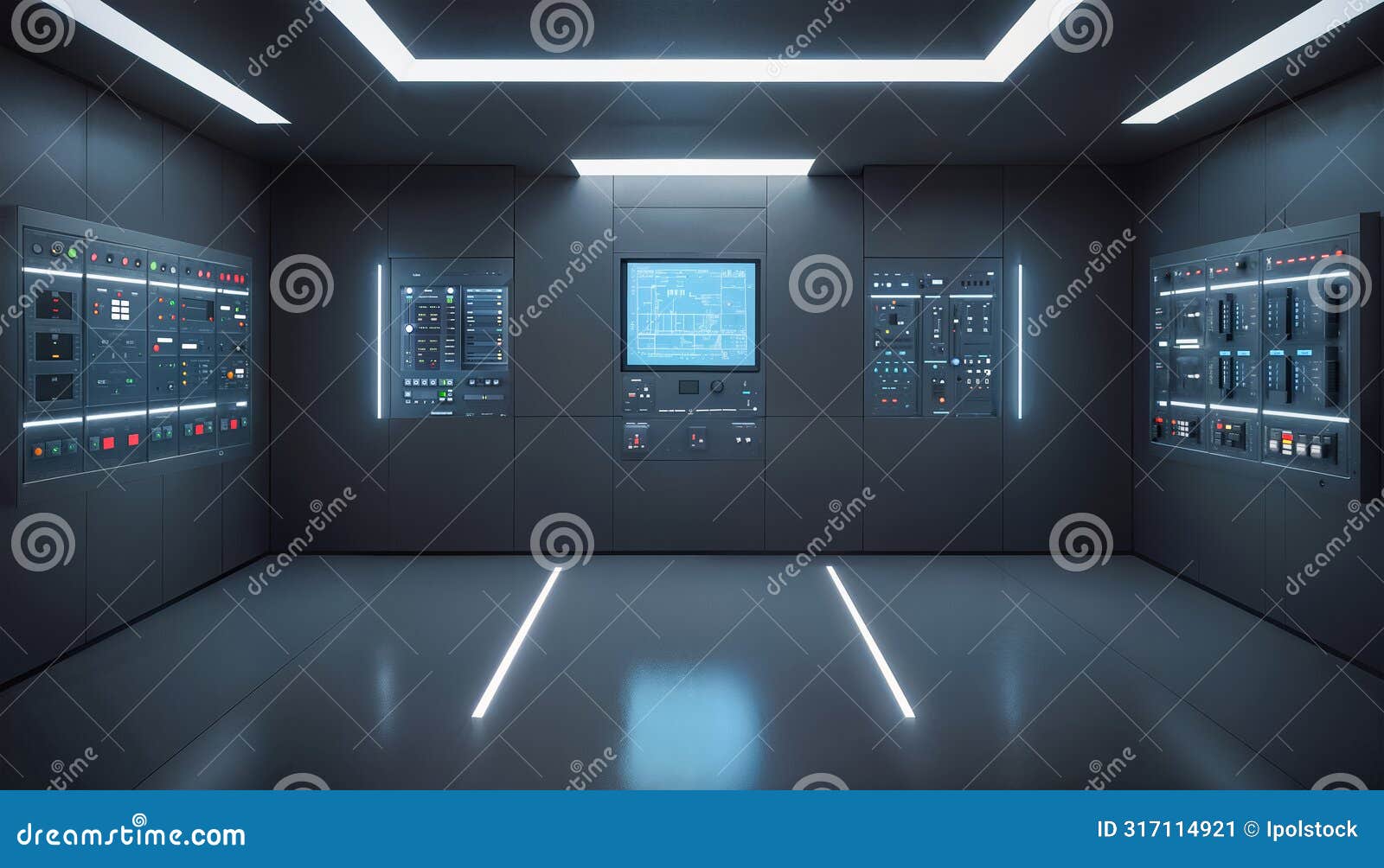 A Futuristic Control Room or Server Room with Glowing Displays and ...
