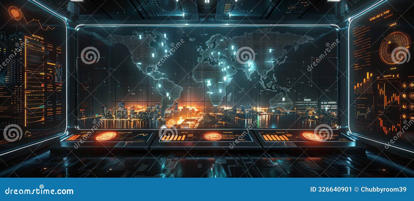 Futuristic Control Room with a Vast Digital World Map Illuminated on a ...