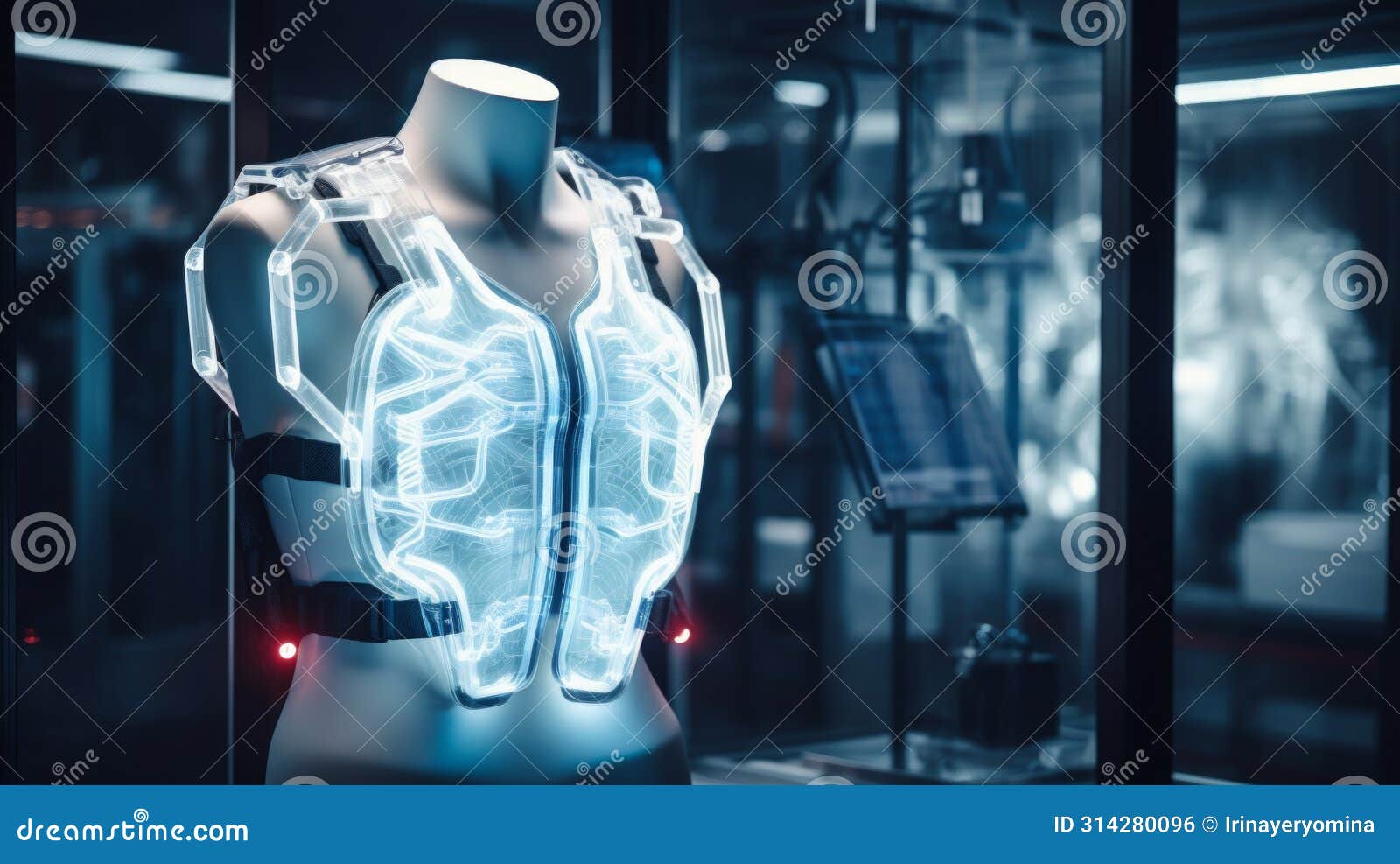 Futuristic Cooling Vest Display in High-Tech Lab Stock Photo - Image of ...