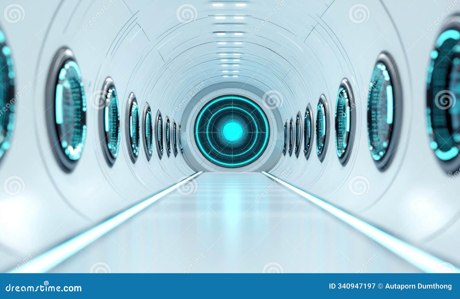 Futuristic Corridor with Glowing Elements and Circular Windows, Ideal ...