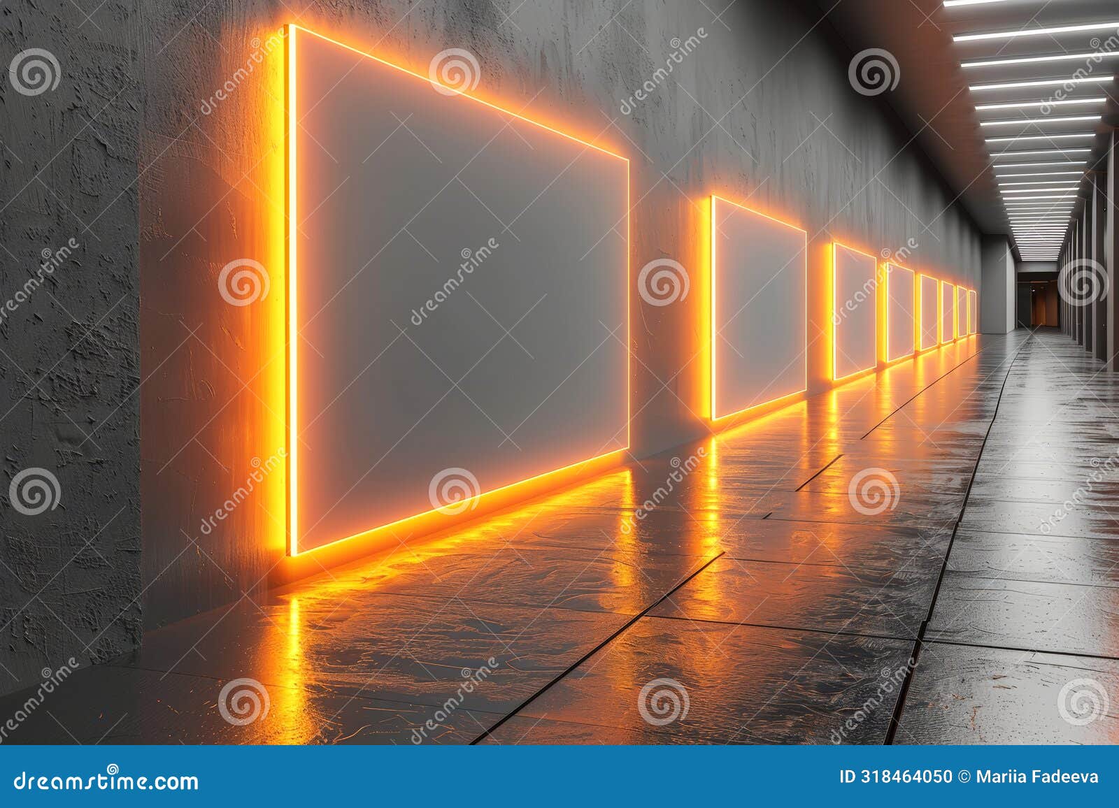 Futuristic Corridor with Glowing Orange Neon Frames, Suitable for Sci ...