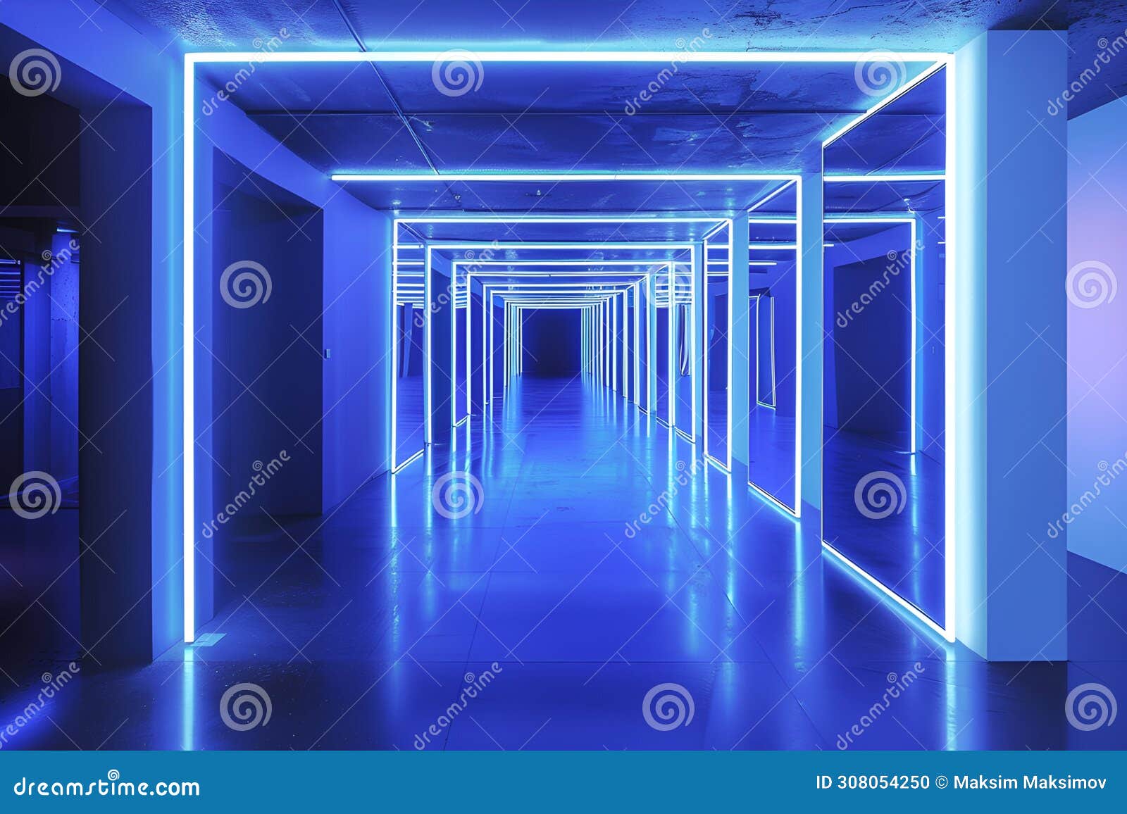 Futuristic Corridor with Neon Lighting and Mirrors Stock Photo - Image ...