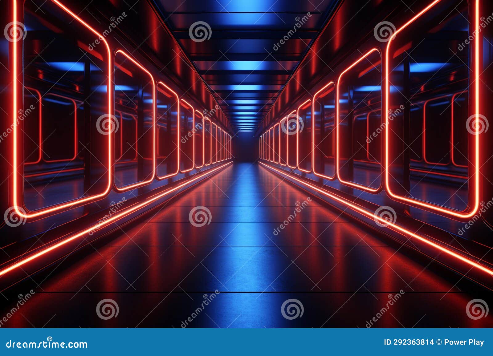 Futuristic Corridor With Neon Lights And Reflections 3d Rendering