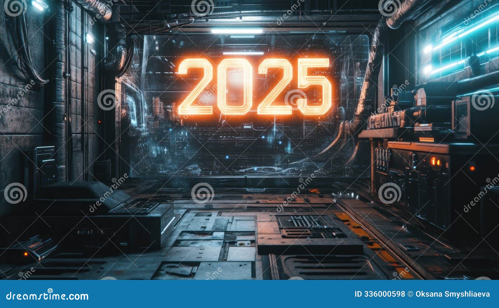 Futuristic Corridor with Neon 2025 Sign in Sci-Fi Setting Stock Photo ...