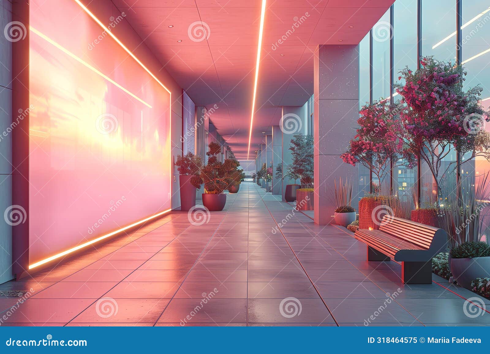 Futuristic Corridor with Pink Lighting and Greenery, Great for Modern ...
