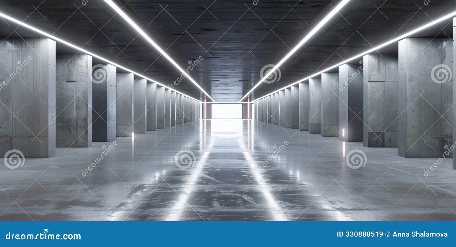 Futuristic Corridor with Sleek Concrete Columns and Reflective Floor ...