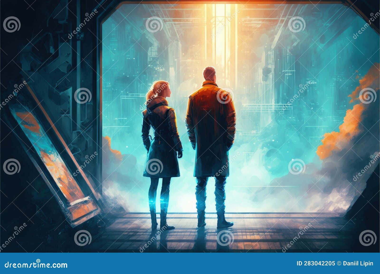 A Futuristic Couple Stands in the Advanced Forge, Sci-fi Setting Stock ...