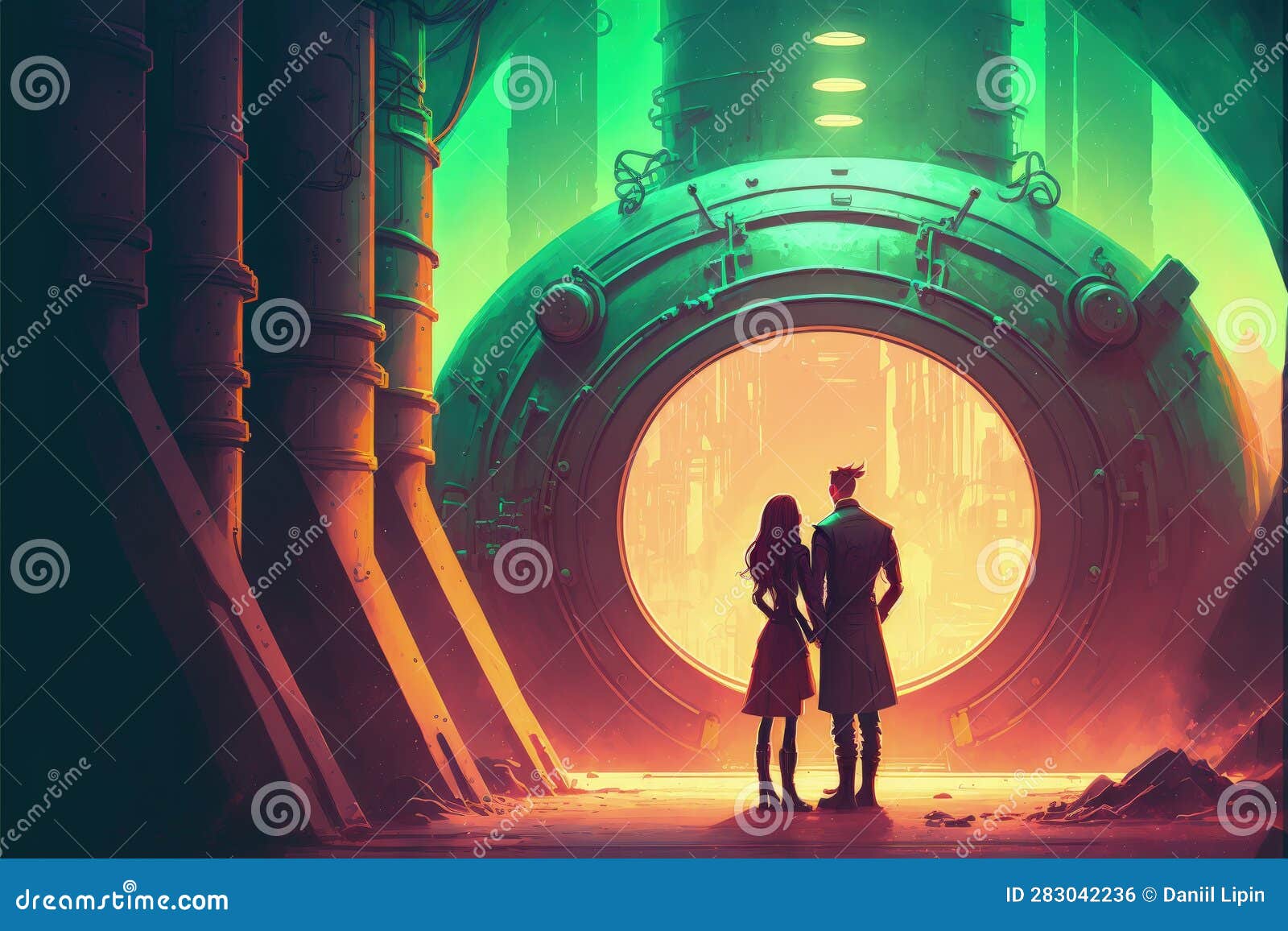A Futuristic Couple Stands in the Advanced Forge, Sci-fi Setting Stock ...