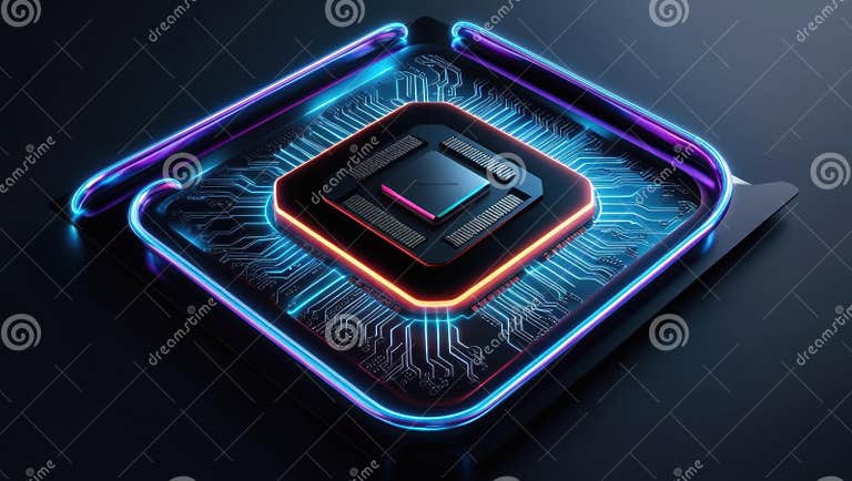 Futuristic CPU with Glowing Circuit Patterns in Neon Tones on Dark ...