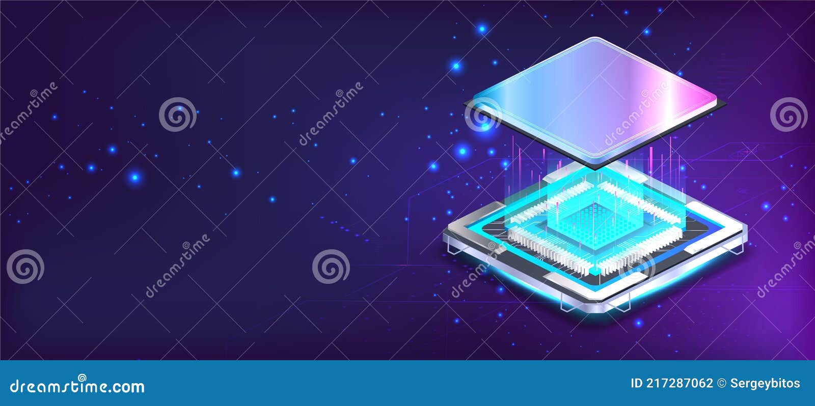 Futuristic CPU Microchip Banner in Isometric Position with Lights and ...