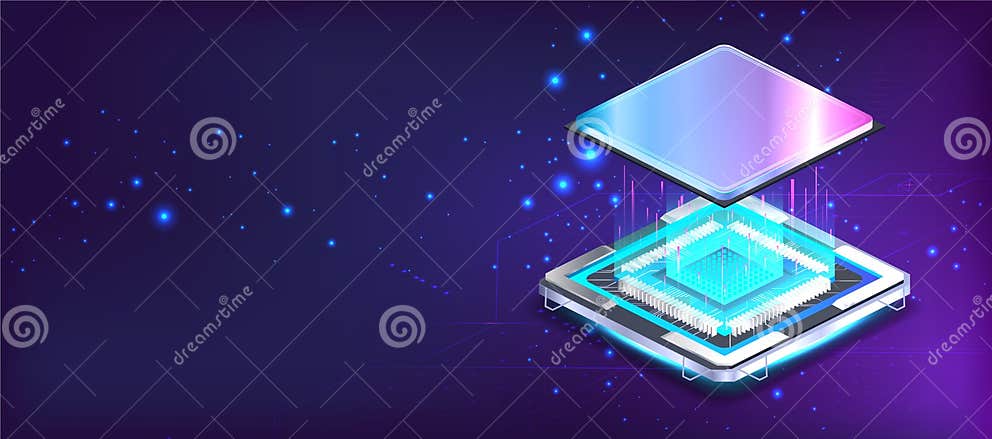 Futuristic CPU Microchip Banner in Isometric Position with Lights and ...