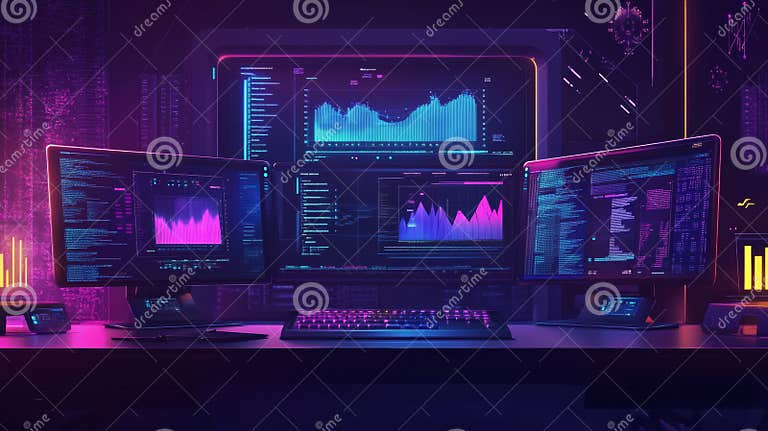 Futuristic Creative Workspace Featuring Dual Monitors Displaying Advanced Data Analytics and ...