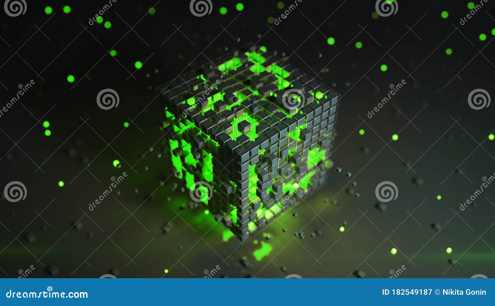 Futuristic Cube with Glowing Green Elements 3D Rendering Stock ...