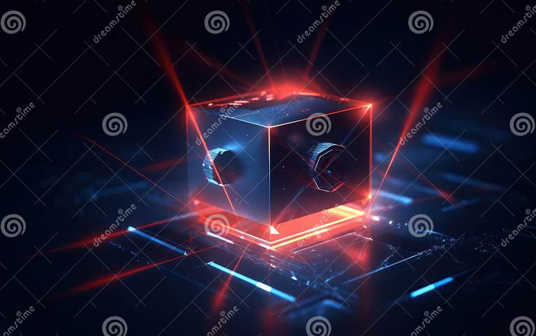 Futuristic Cube with Red and Blue Laser Beams. Created by Generative Artificial Intelligence ...