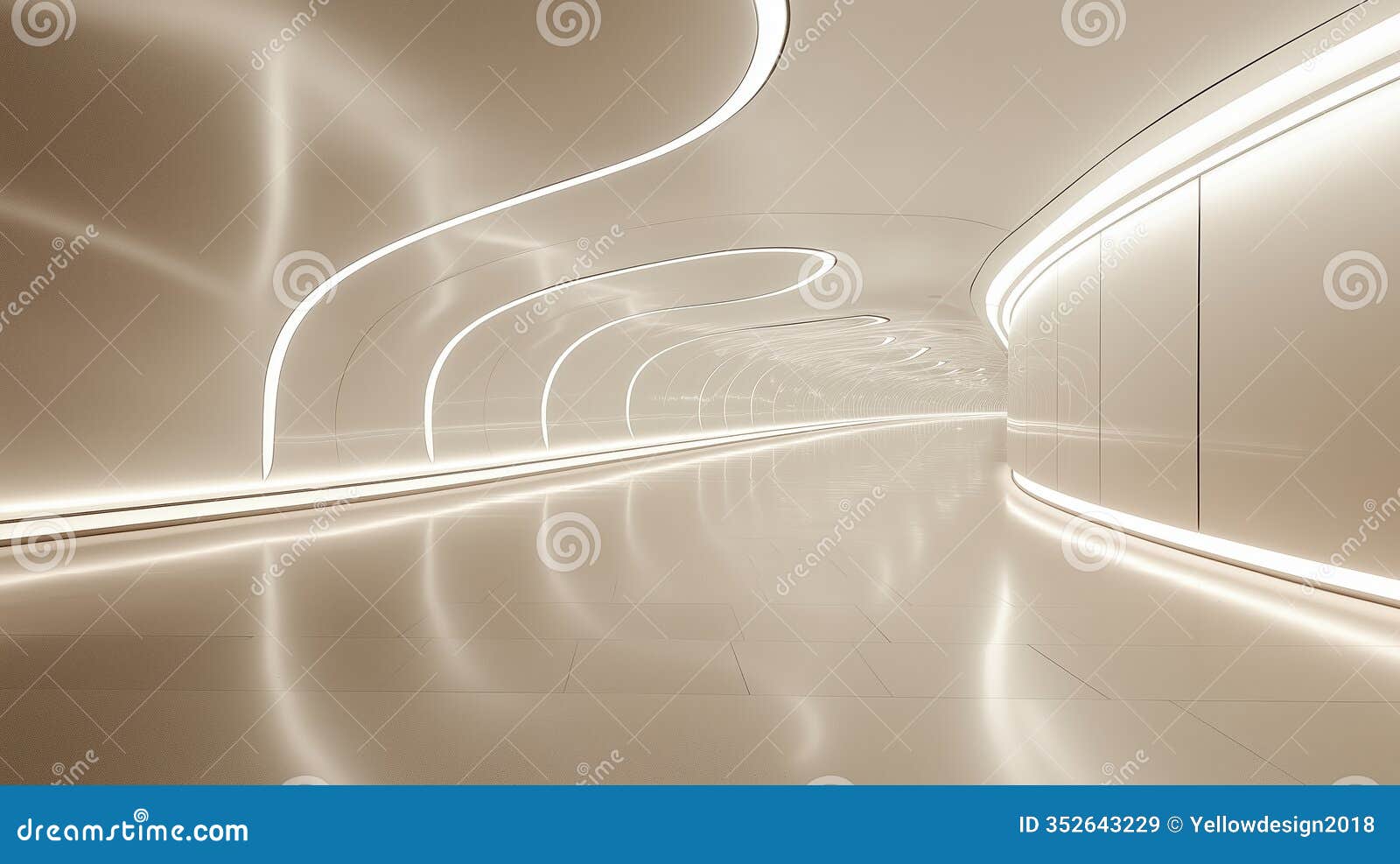 Futuristic Curved Hallway with Glowing Lights and Sleek White Surfaces ...