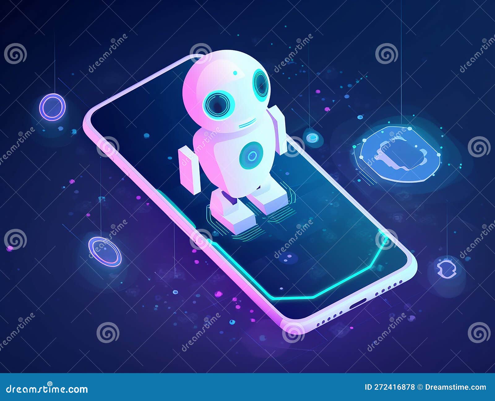 Futuristic Cute Robot in Screen of Smartphone. Concept of Chatbot with ...