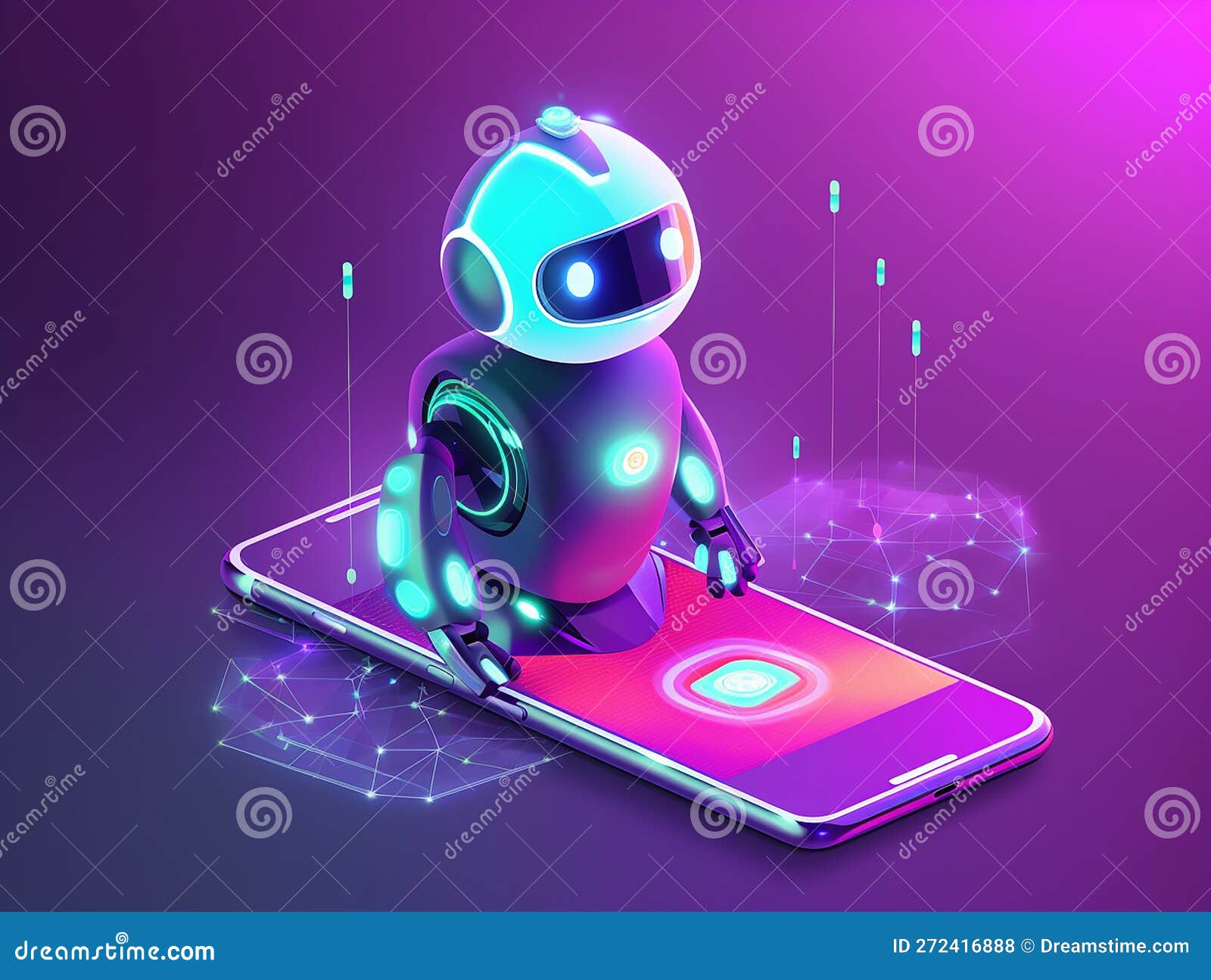 Futuristic Cute Robot in Screen of Smartphone. Concept of Chatbot with ...
