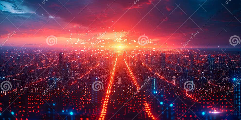 Futuristic Cyber City Skyline at Sunset with Data Stream Visualization ...