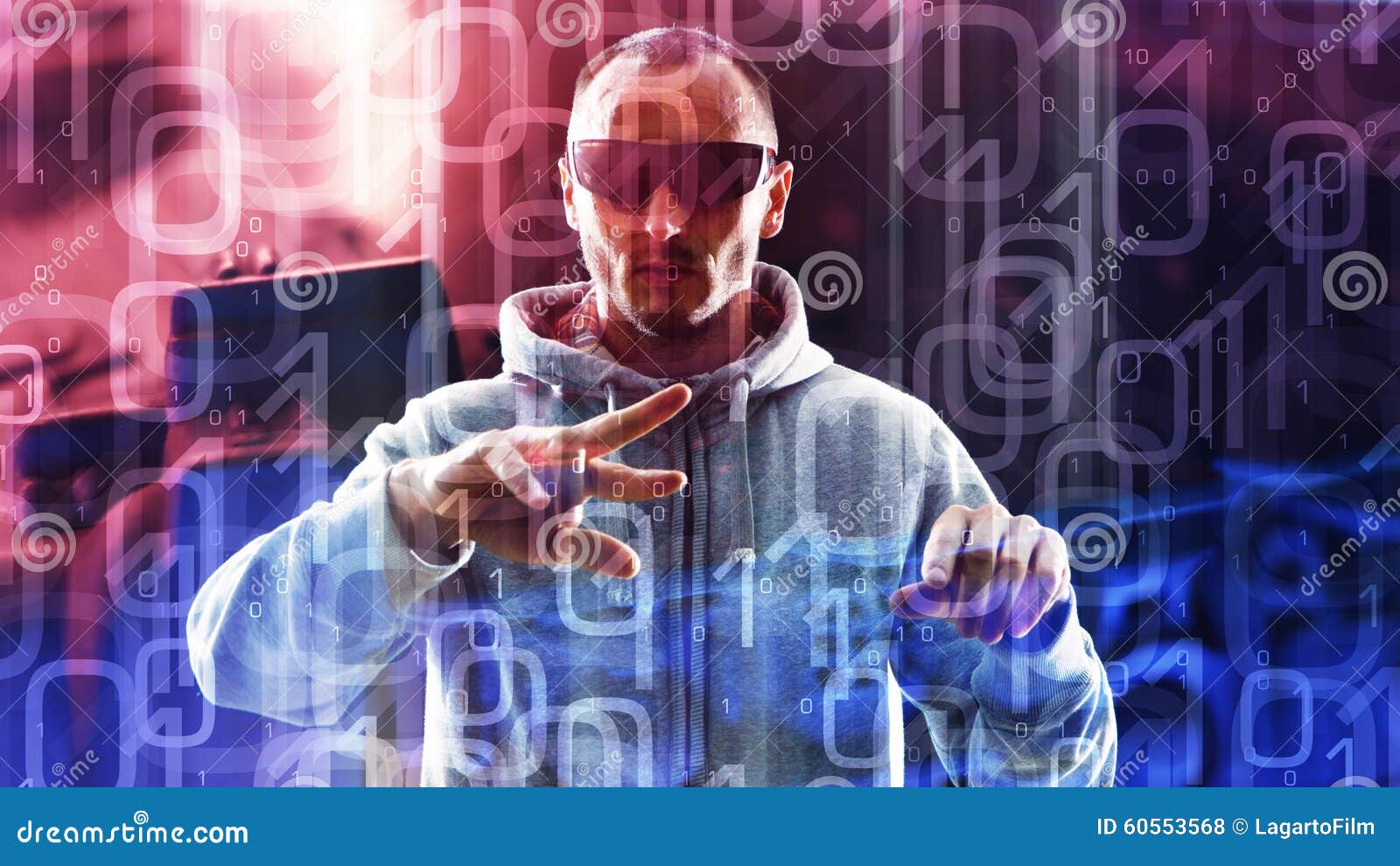 Futuristic Cyber Crime, Man Typing on Holographic Computer Stock Photo ...