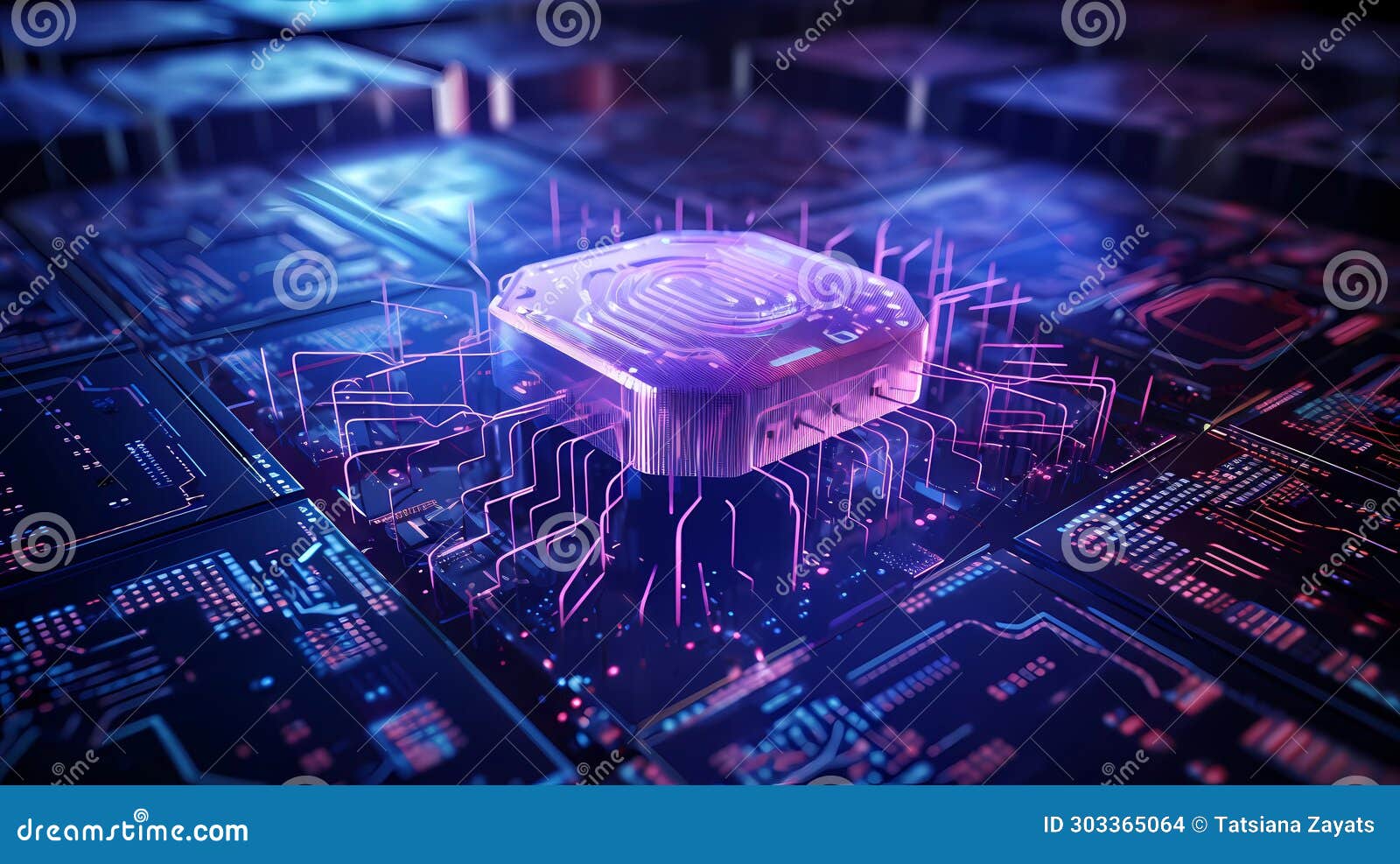 Futuristic Cyber Processor Core, Neon Blue Circuit Paths. Computer ...
