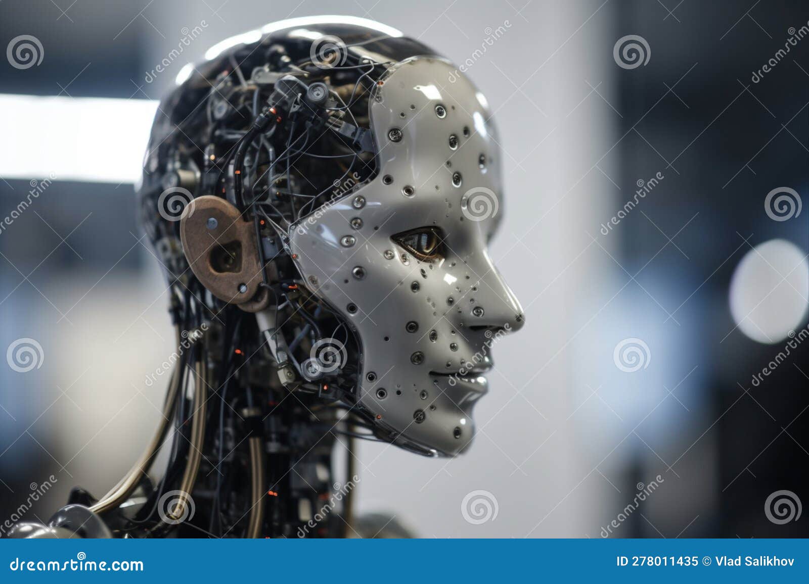 Futuristic Cyber Robot with Human Face Mask Stock Illustration ...