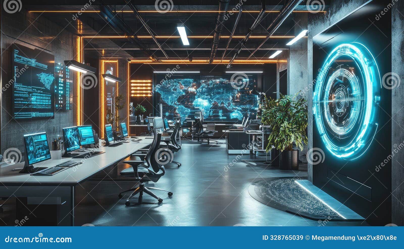 Futuristic Cyber Security Office with Digital Interface and World Map ...