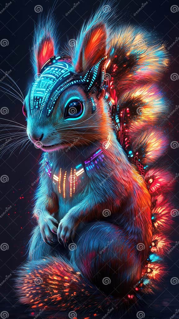 Futuristic Cyber Squirrel with Glowing Neon Accents and Technological ...