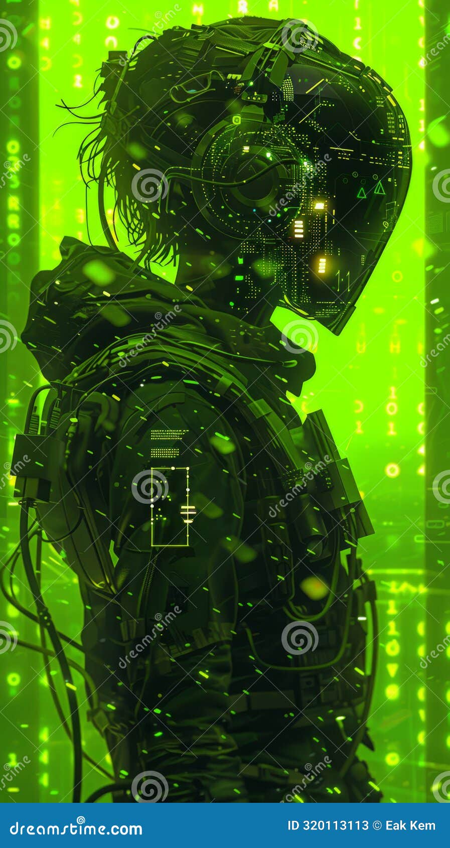 Futuristic Cyber Warrior in High Tech Armor with Neon Green Background ...