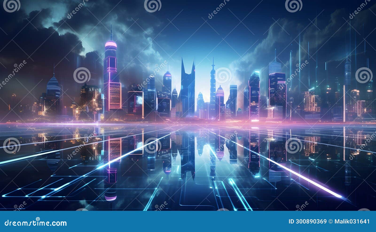 Futuristic Cyberbank Skyline Illuminated with Neon Lights Stock ...