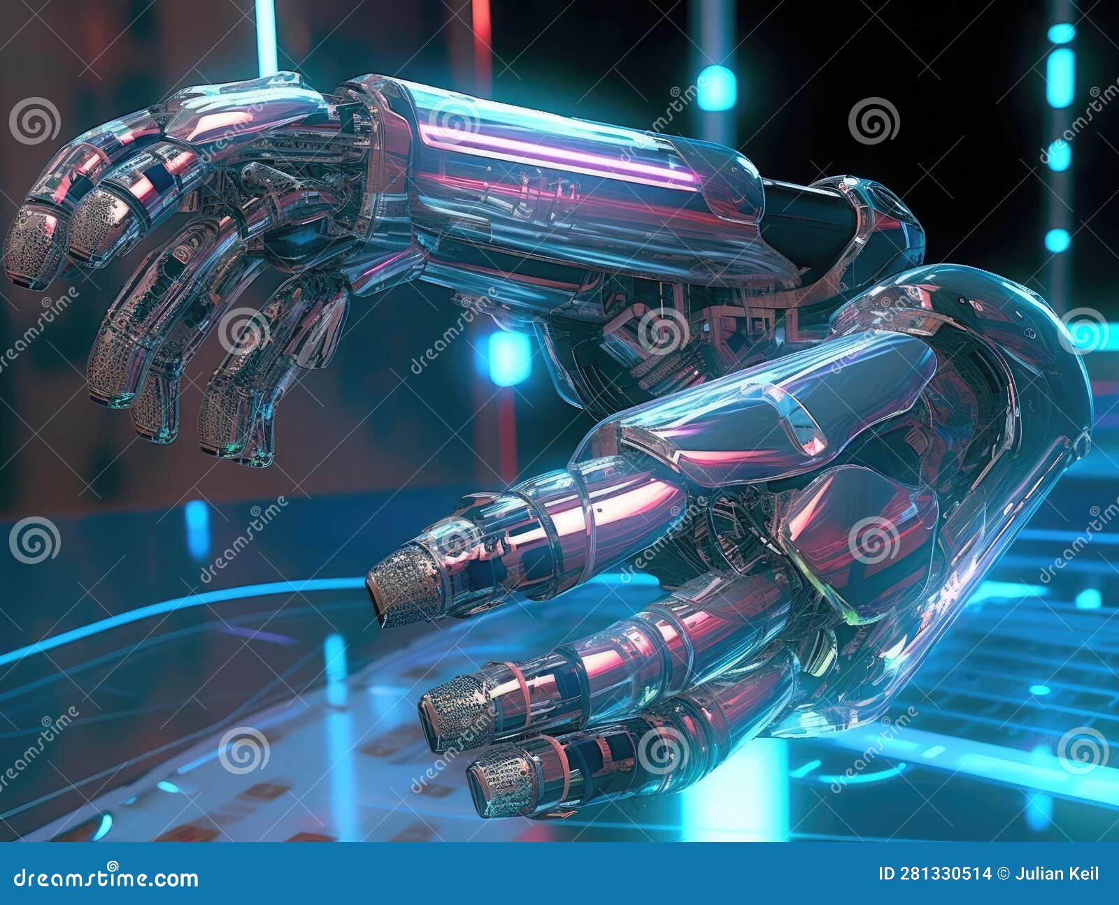 Futuristic Cybernetic Arm Grabs Holographic Object Stock Illustration ...
