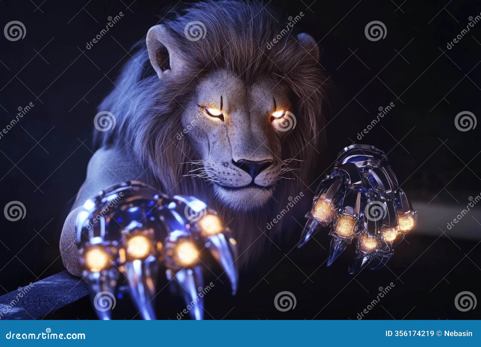 Futuristic Cybernetic Lion with Glowing Robotic Claws in Dimly Lit ...