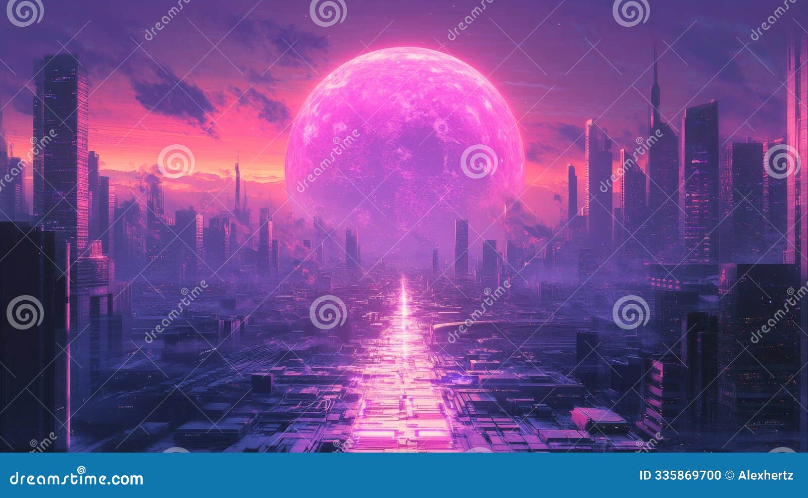 Futuristic Cyberpunk Cityscape with Neon Pink Moon Stock Photo - Image ...