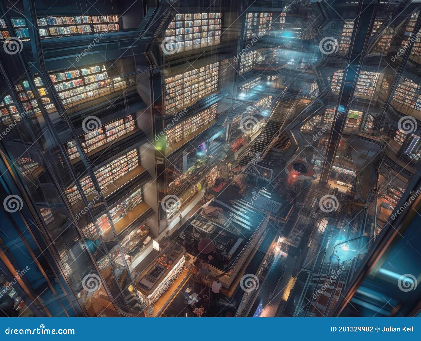Futuristic Cyberpunk Library with Hitech Tablets Stock Illustration ...