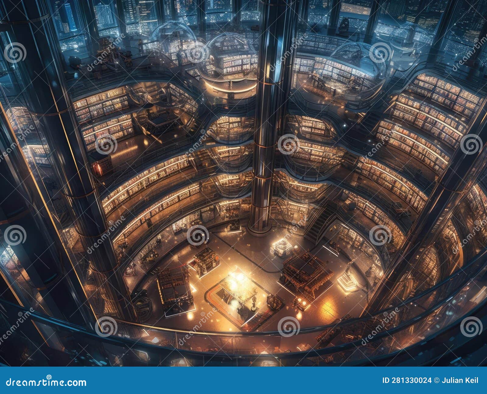 Futuristic Cyberpunk Library with Hitech Tablets Stock Illustration ...