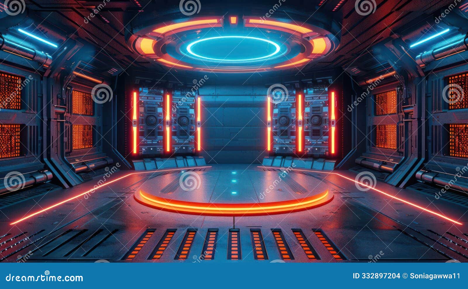Futuristic Cyberpunk Room with Neon Lights and a Circular Platform ...