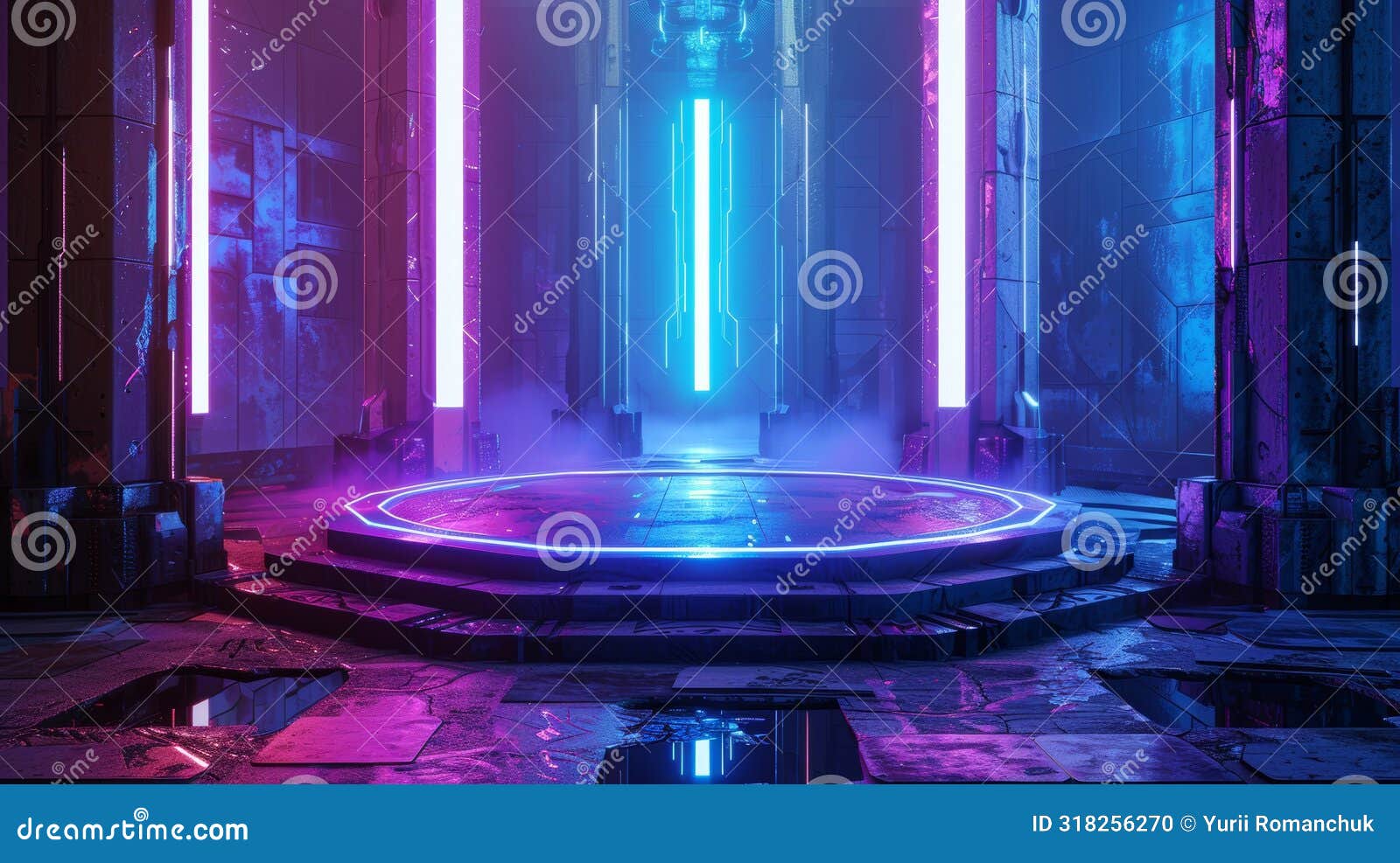 Futuristic Cyberpunk Stage With Circular Platform, Pillars, And Urban ...