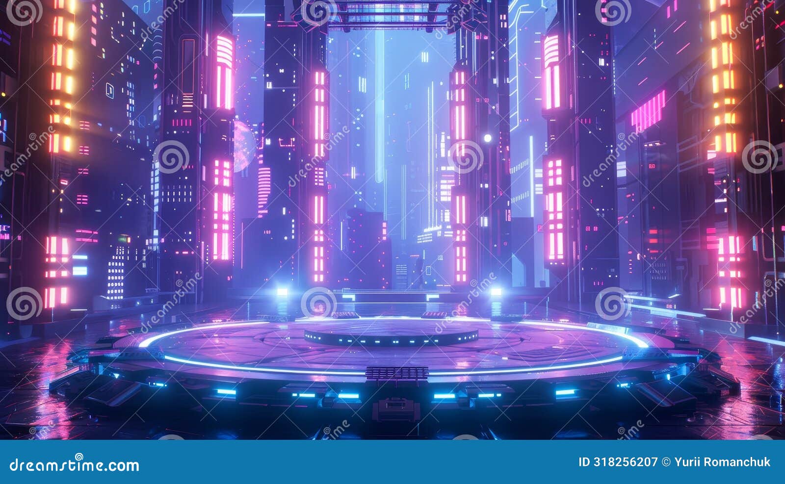 Futuristic Cyberpunk Stage With Circular Platform, Pillars, Urban ...